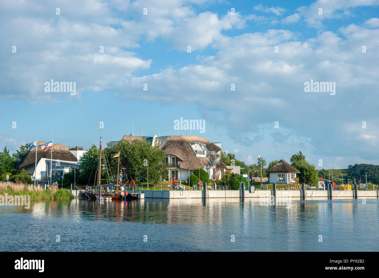 Bulwark with hotel Solthus at Lake at the canal Baaber Bek, Sellin ...