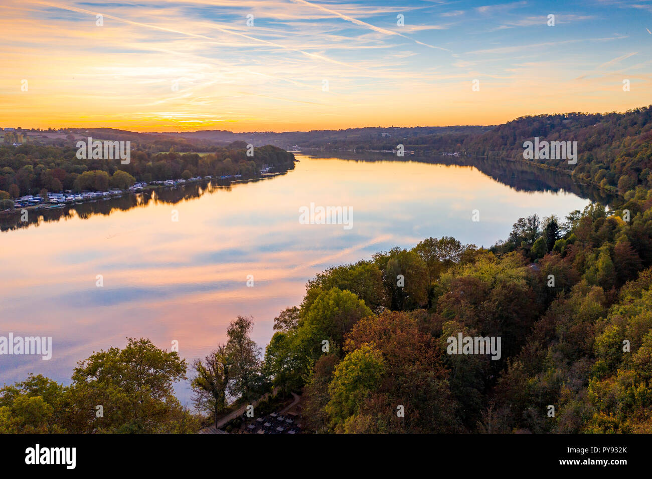 Sunset on Lake Baldeney in Essen, reservoir of the Ruhr River, Germany ...