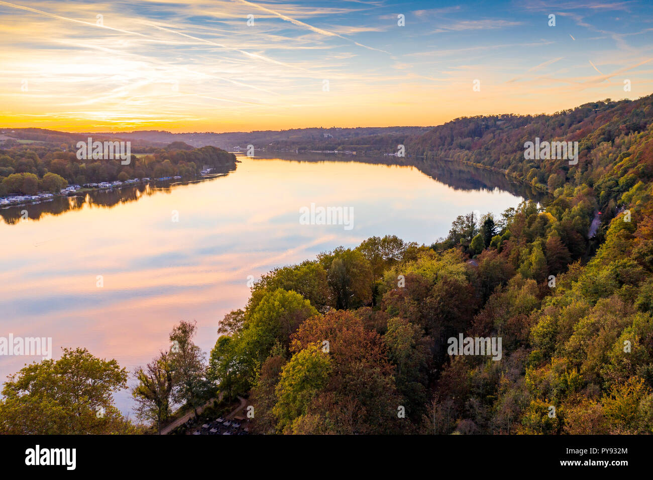 Sunset on Lake Baldeney in Essen, reservoir of the Ruhr River, Germany ...
