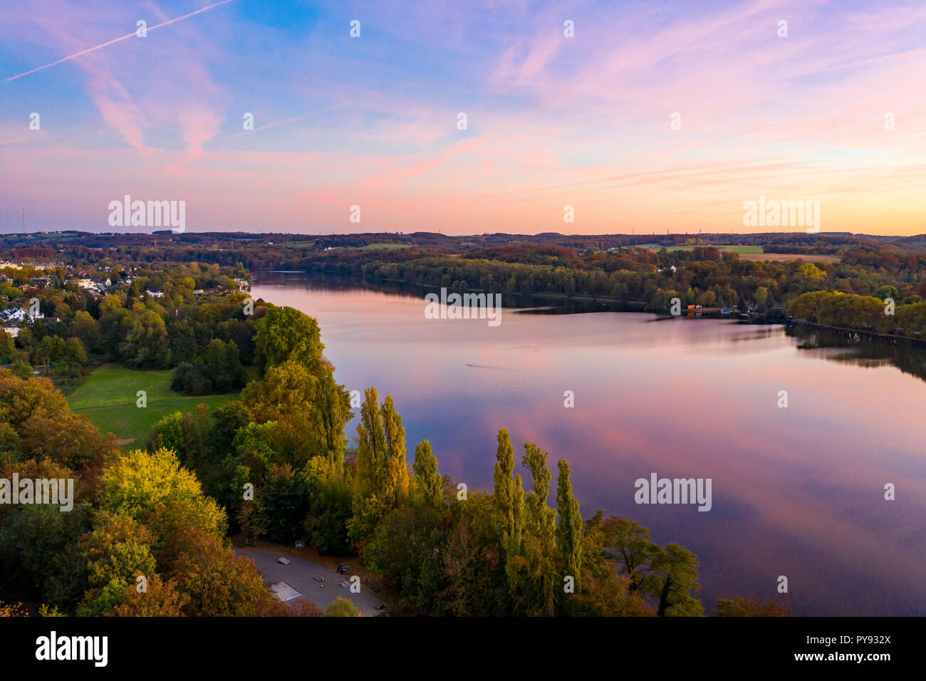 Sunset on Lake Baldeney in Essen, reservoir of the Ruhr River, Germany ...