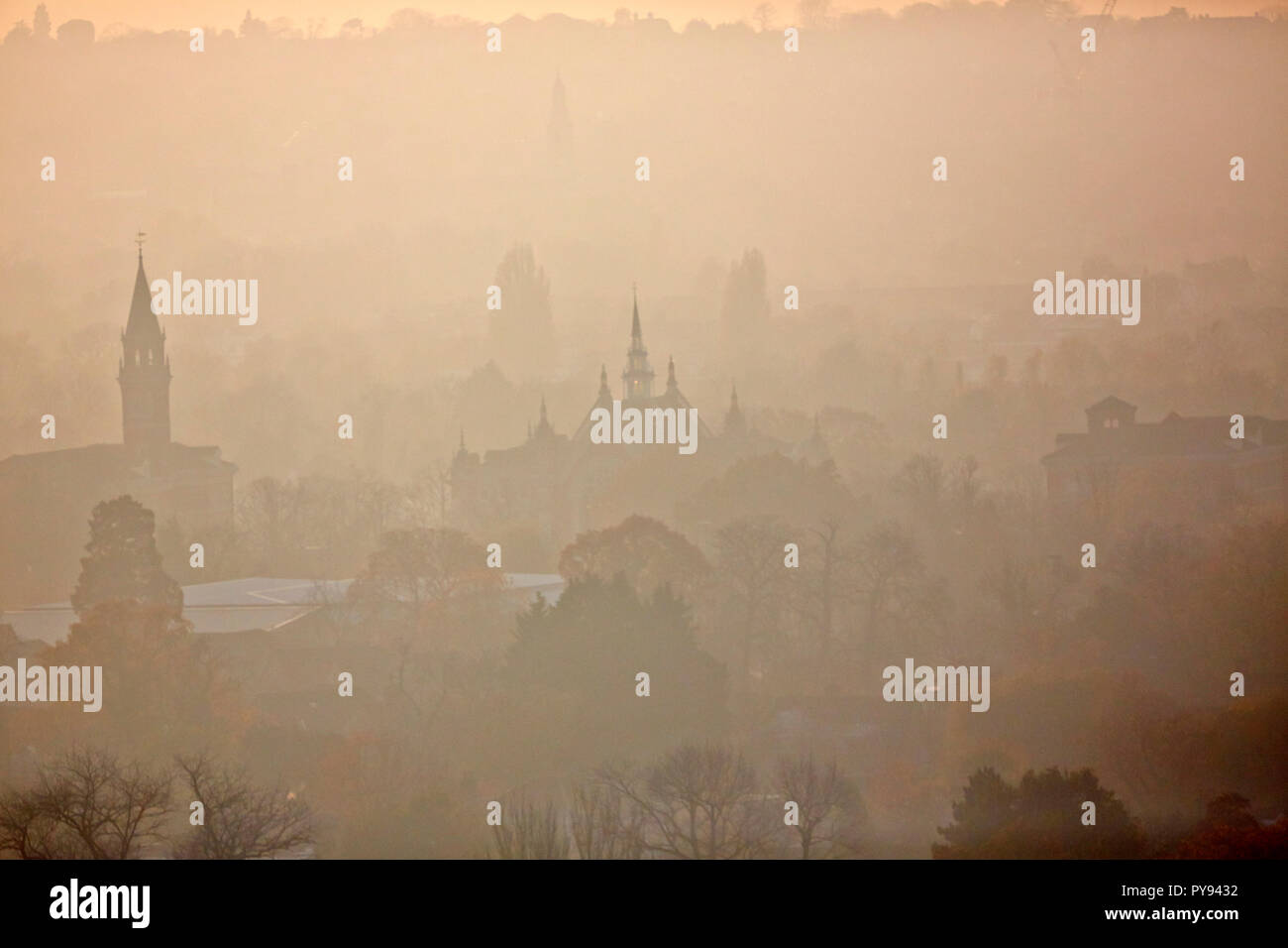High level view over South London on misty winter morning ...