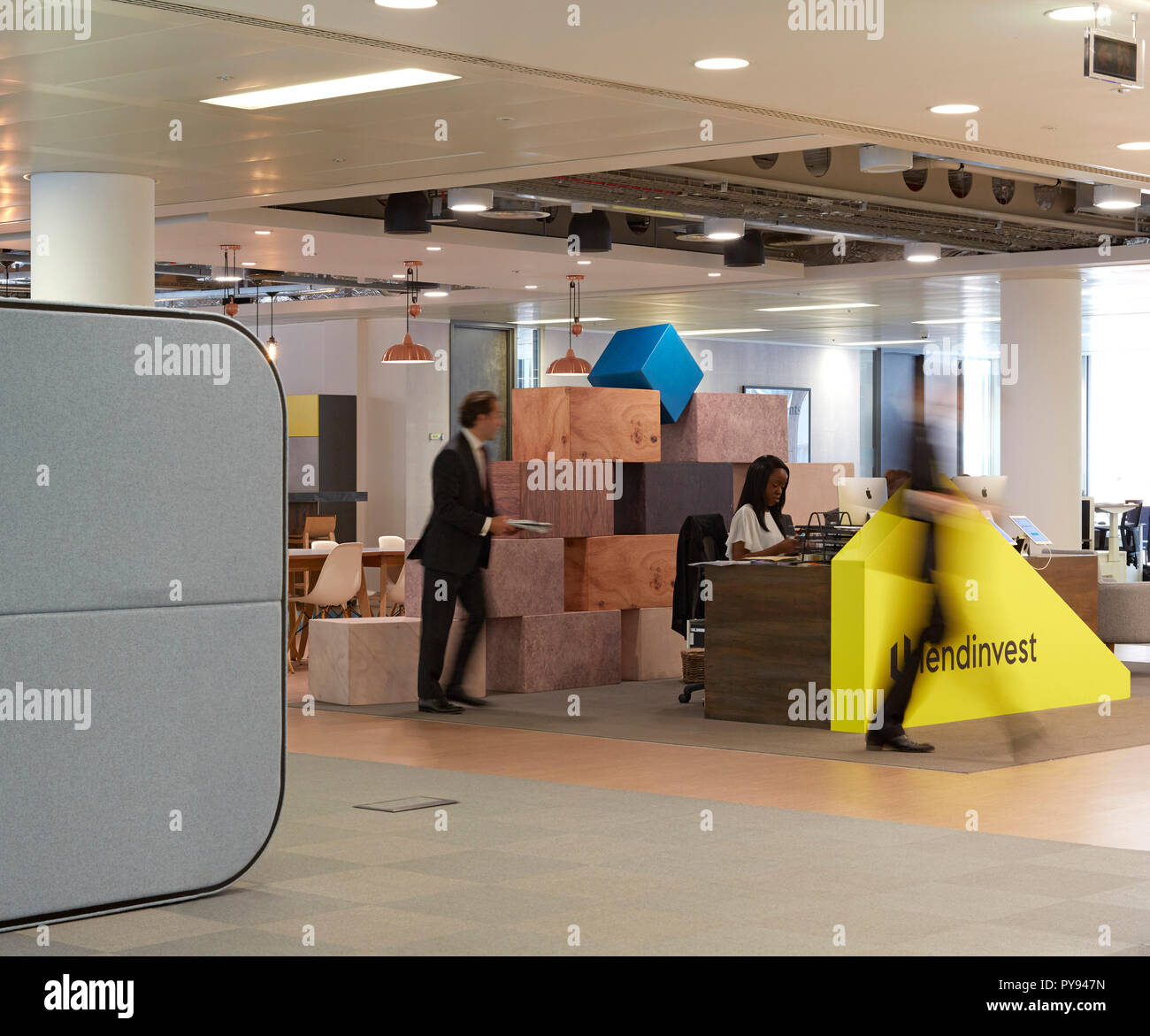 Funky Office interior towards large central table. Architectural Stock ...