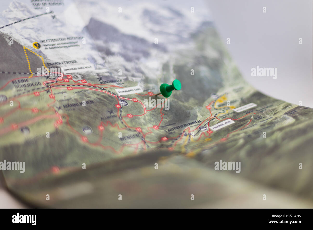 green pin marks a location of a destination on a map, switzerland Stock ...