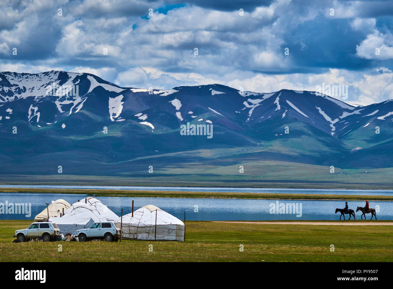Kyrgyzstan, Naryn province, Song Kol lake, Kirghiz nomad's yurt camp ...