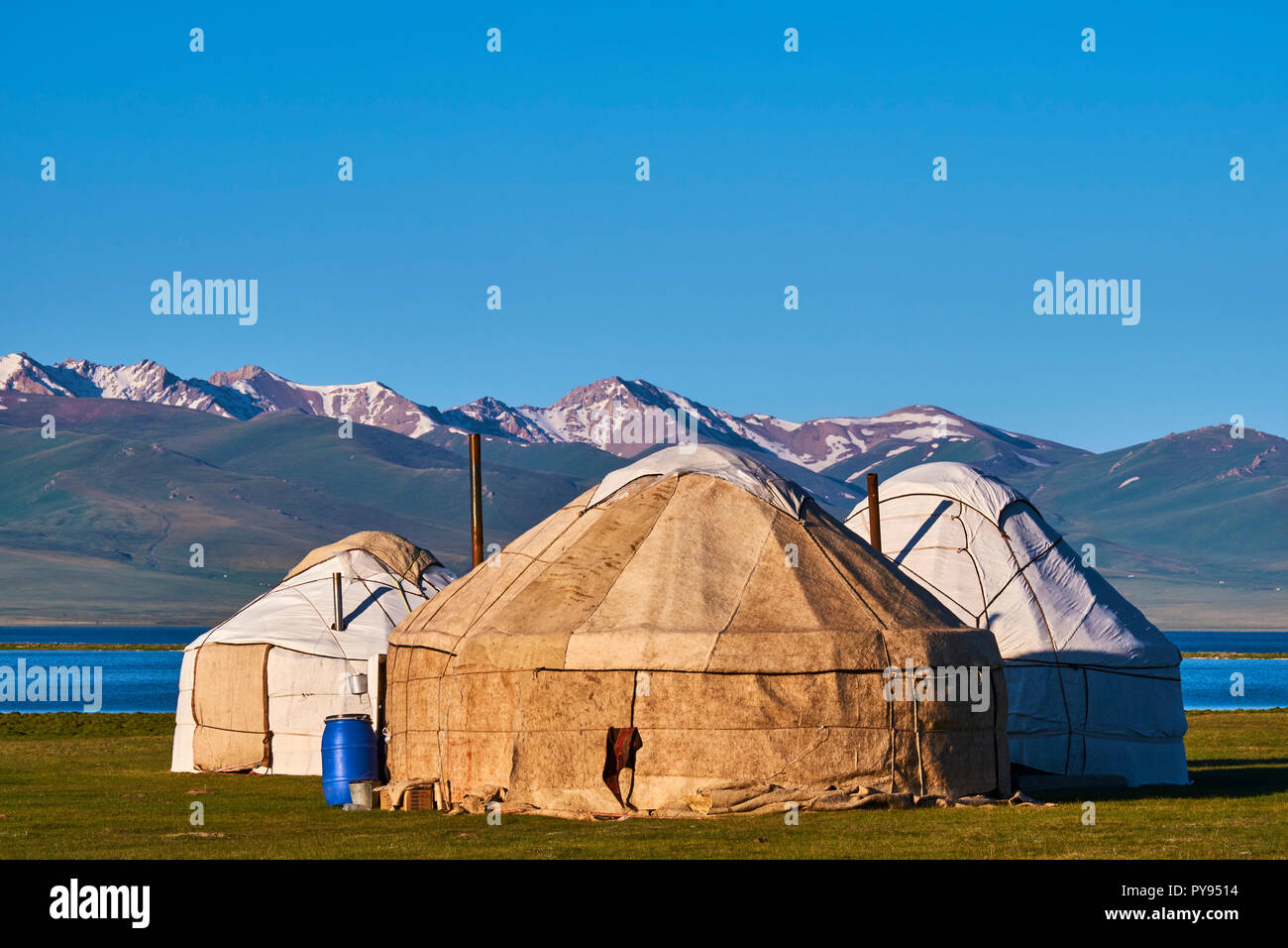 Kyrgyzstan, Naryn province, Song Kol lake, Kirghiz nomad's yurt camp ...