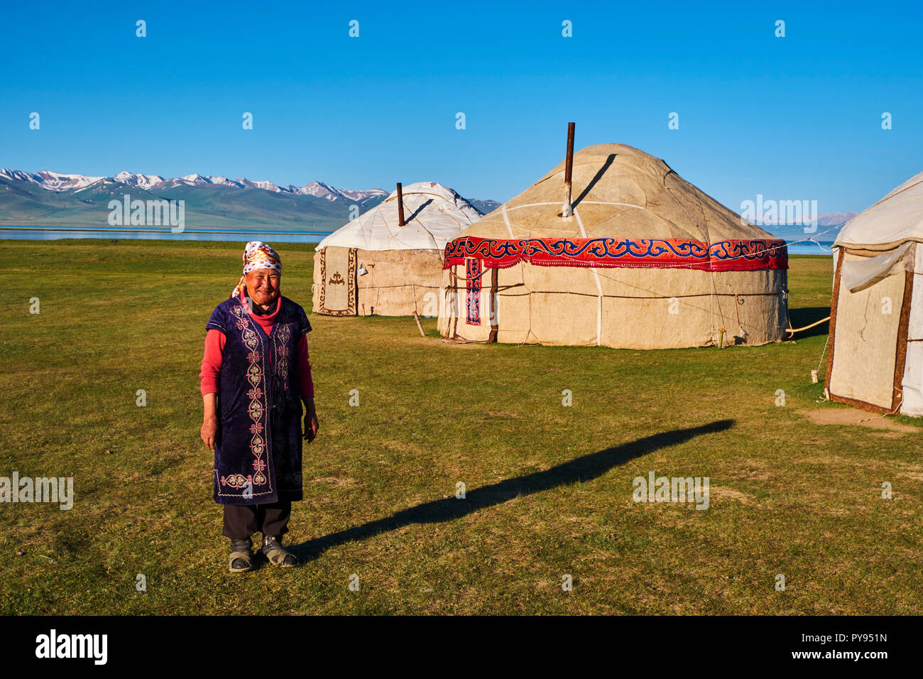 Kyrgyzstan, Naryn province, Song Kol lake, Kirghiz nomad's yurt camp ...