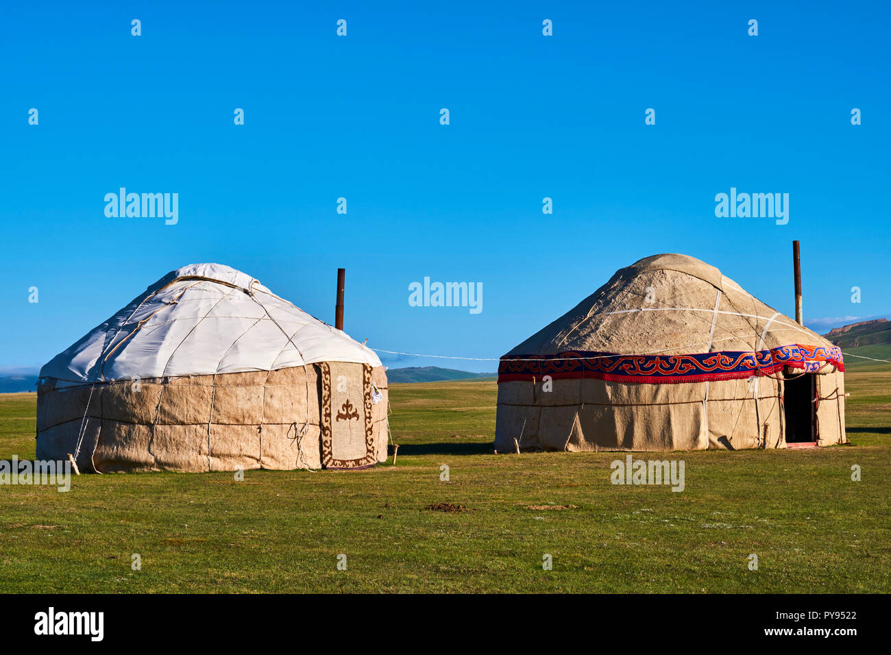 Kyrgyzstan, Naryn province, Song Kol lake, Kirghiz nomad's yurt camp ...