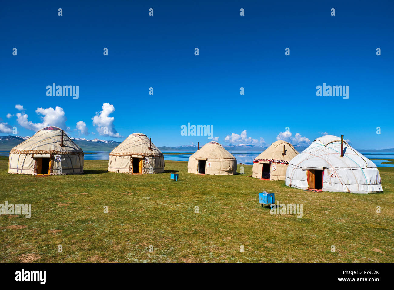 Kyrgyzstan, Naryn province, Song Kol lake, Kirghiz nomad's yurt camp ...