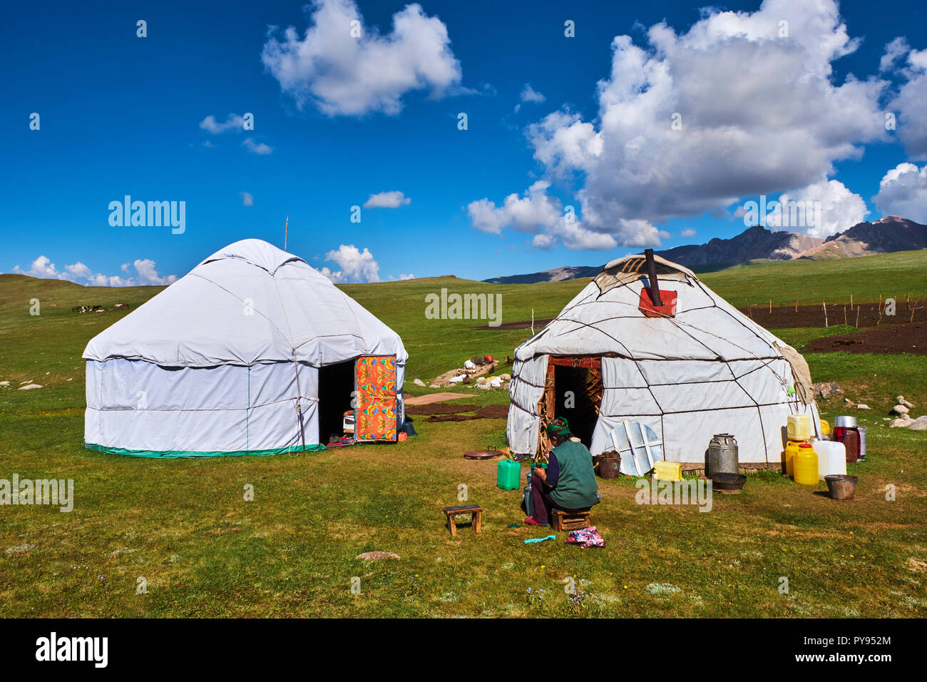 Kyrgyzstan, Naryn province, Song Kol lake, Kirghiz nomad's yurt camp ...