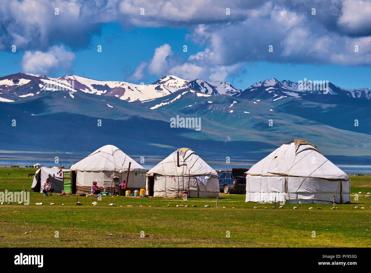 Kyrgyzstan, Naryn province, Song Kol lake, Kirghiz nomad's yurt camp ...