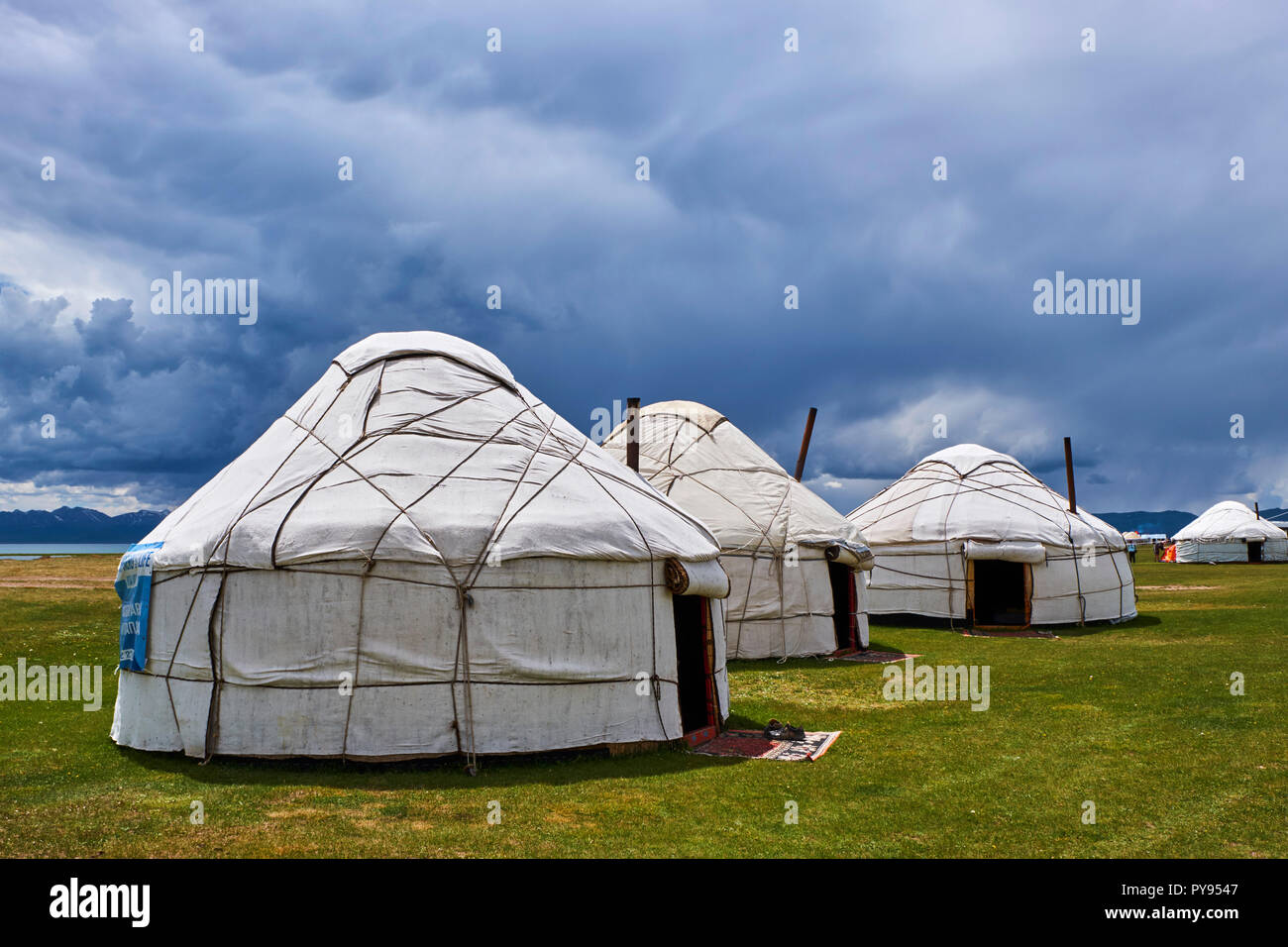 Kyrgyzstan, Naryn province, Song Kol lake, Kirghiz nomad's yurt camp ...