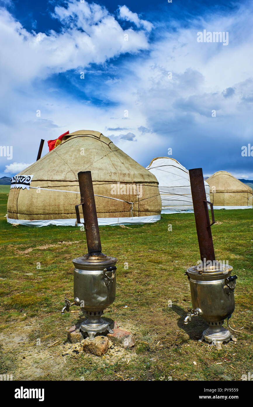 Kyrgyzstan, Naryn province, Song Kol lake, Kirghiz nomad's yurt camp ...
