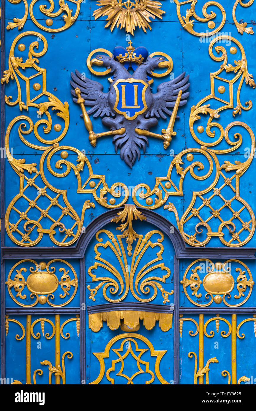 Detail of the blue and gold rococo door to the University of Wroclaw ...