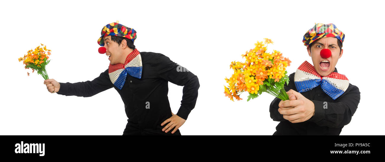Funny clown with flowers isolated on white Stock Photo - Alamy