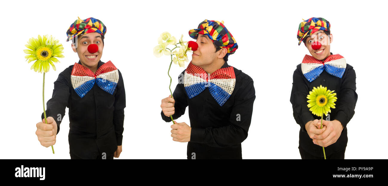 Funny clown with flowers isolated on white Stock Photo - Alamy