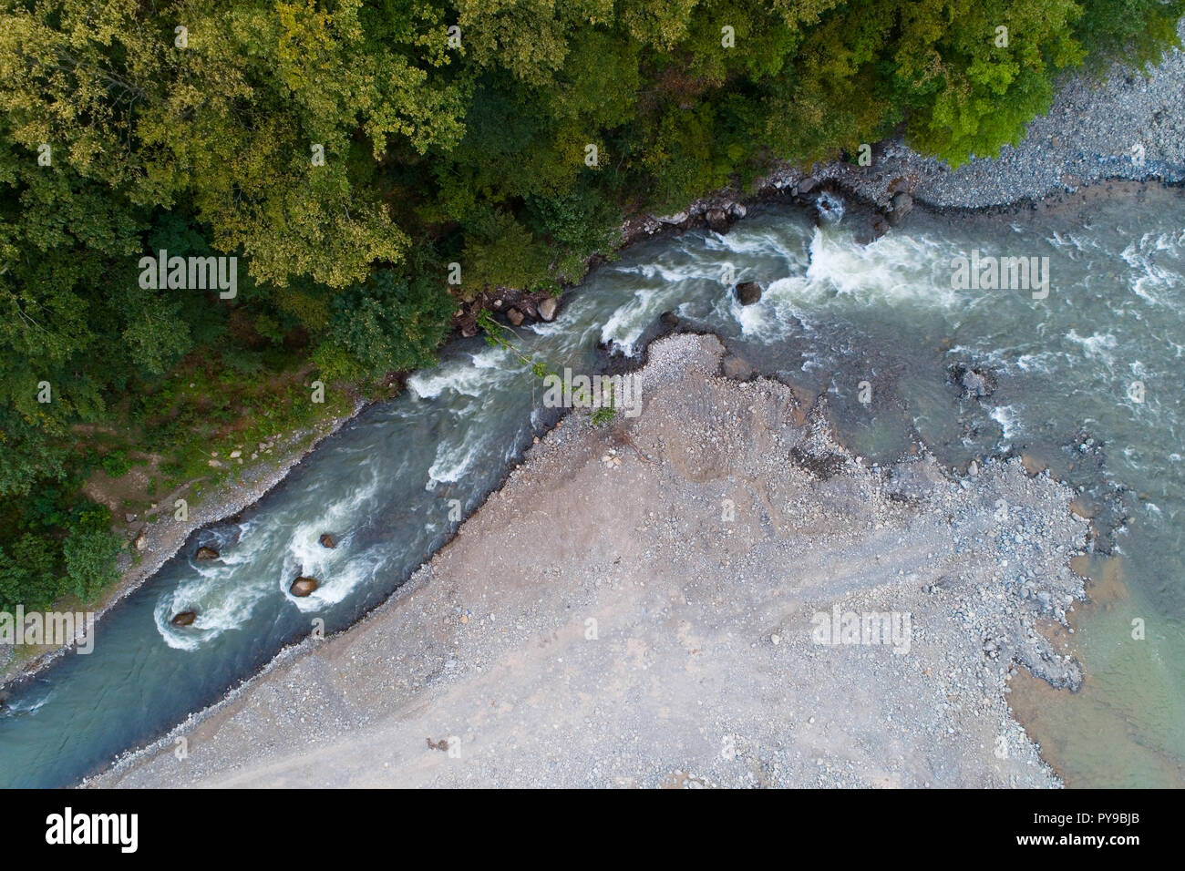 Top view of the beautiful mountain river. Aerial photography Stock ...
