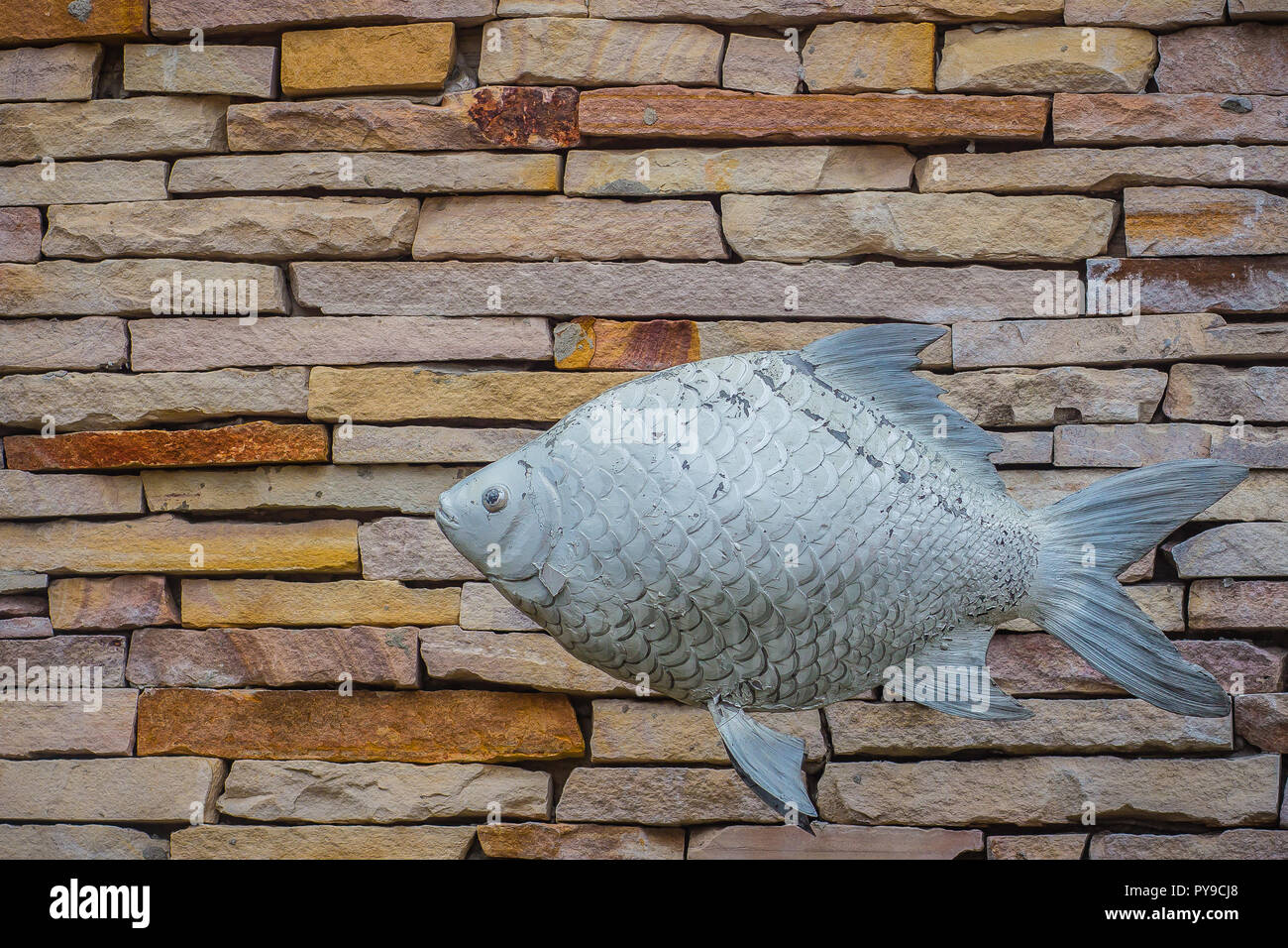 Fishes and pattern of old decorative stone wall background. Vintage ...