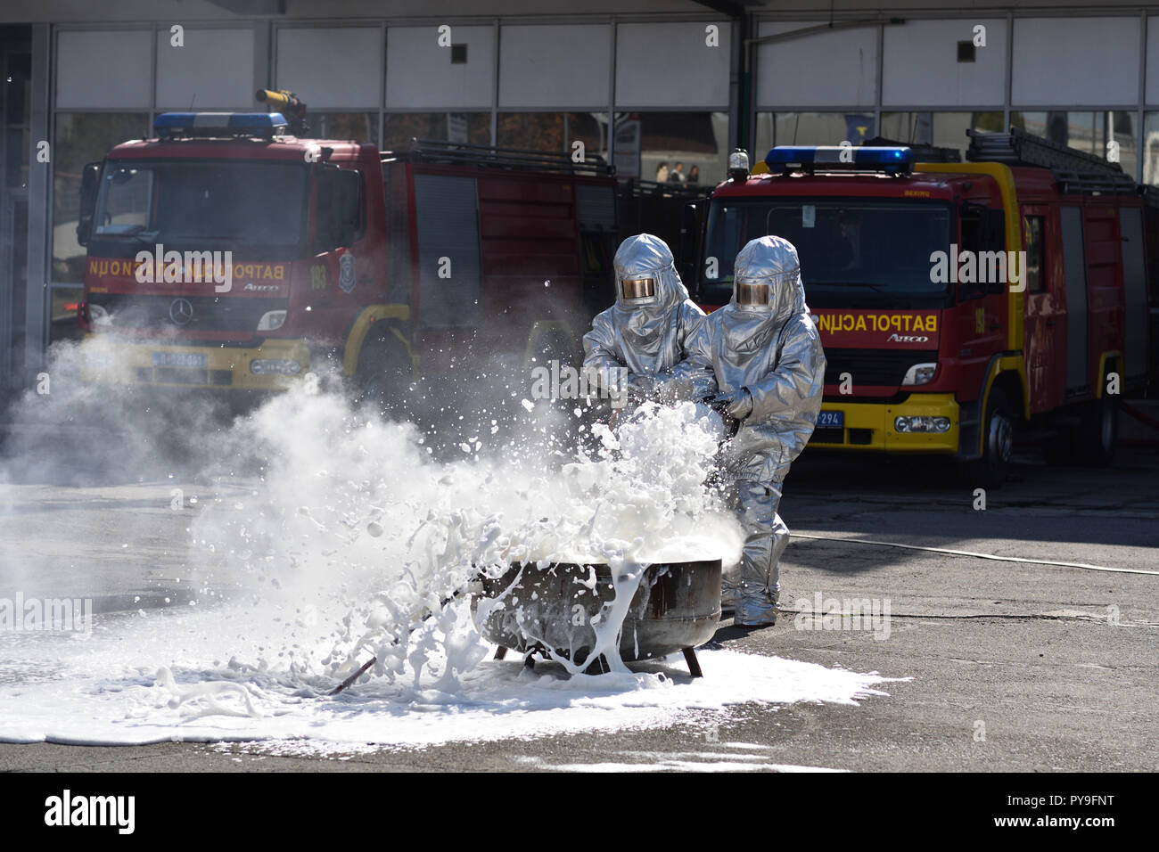 Belgrade, Serbia - October 03, 2018: Firemen combating fire during ...