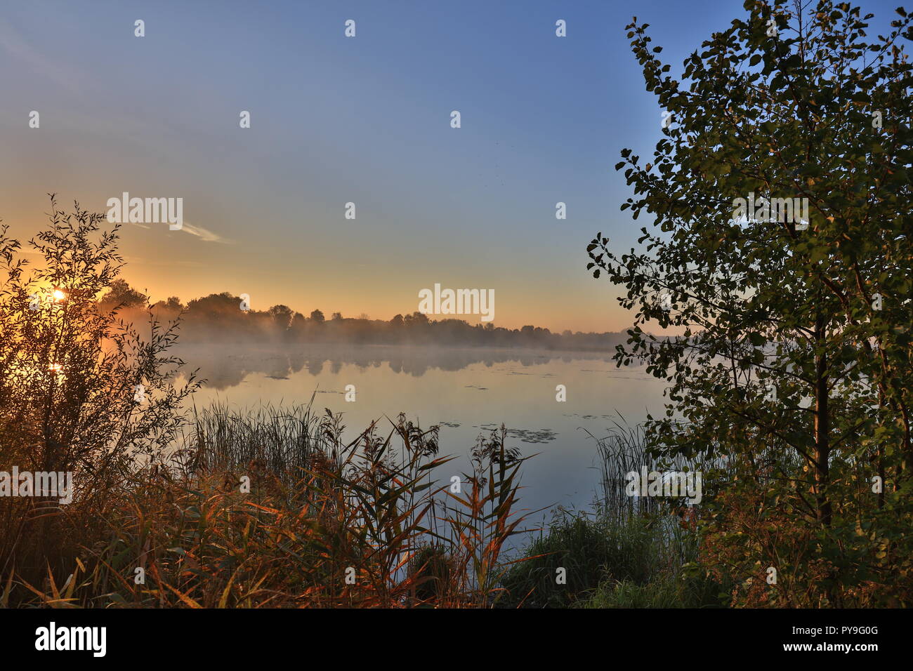 Early morning, sunrise over the lake. Rural landscape. HDR Stock Photo ...