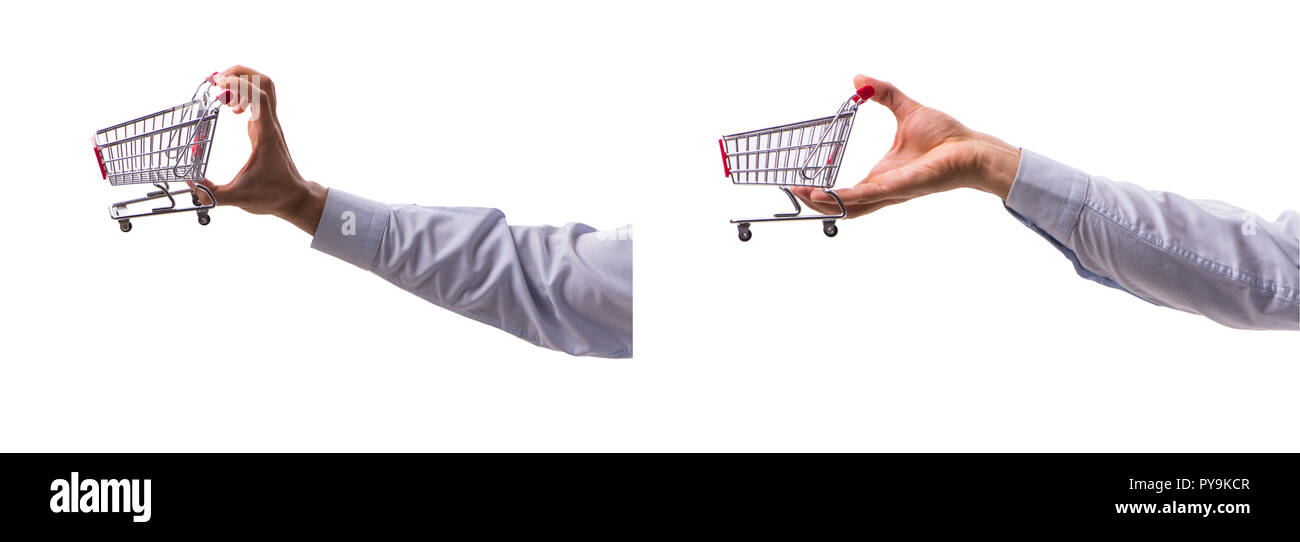 Hand holding shopping cart isolated on white Stock Photo - Alamy