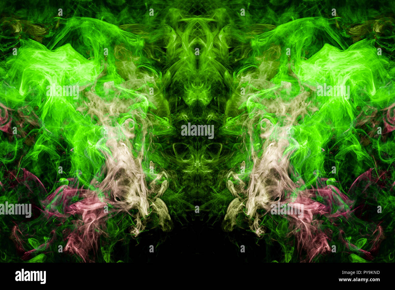 Thick colorful green smoke in the form of a skull, monster, dragon on a ...