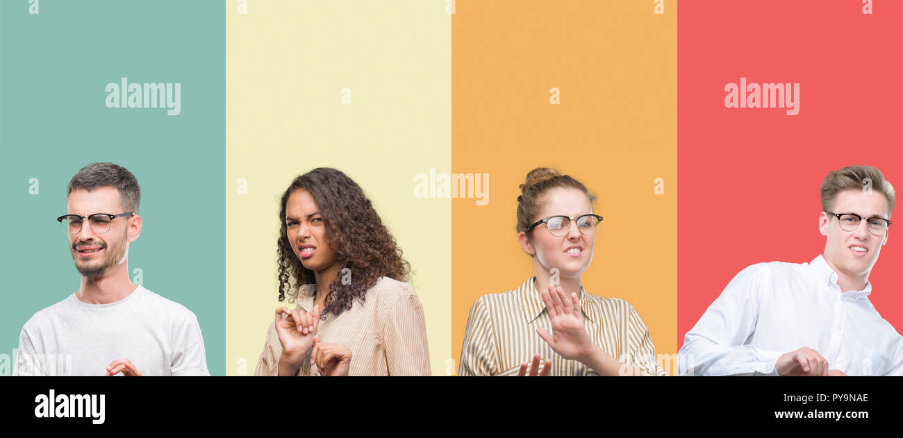 Collage of a group of people isolated over colorful background ...