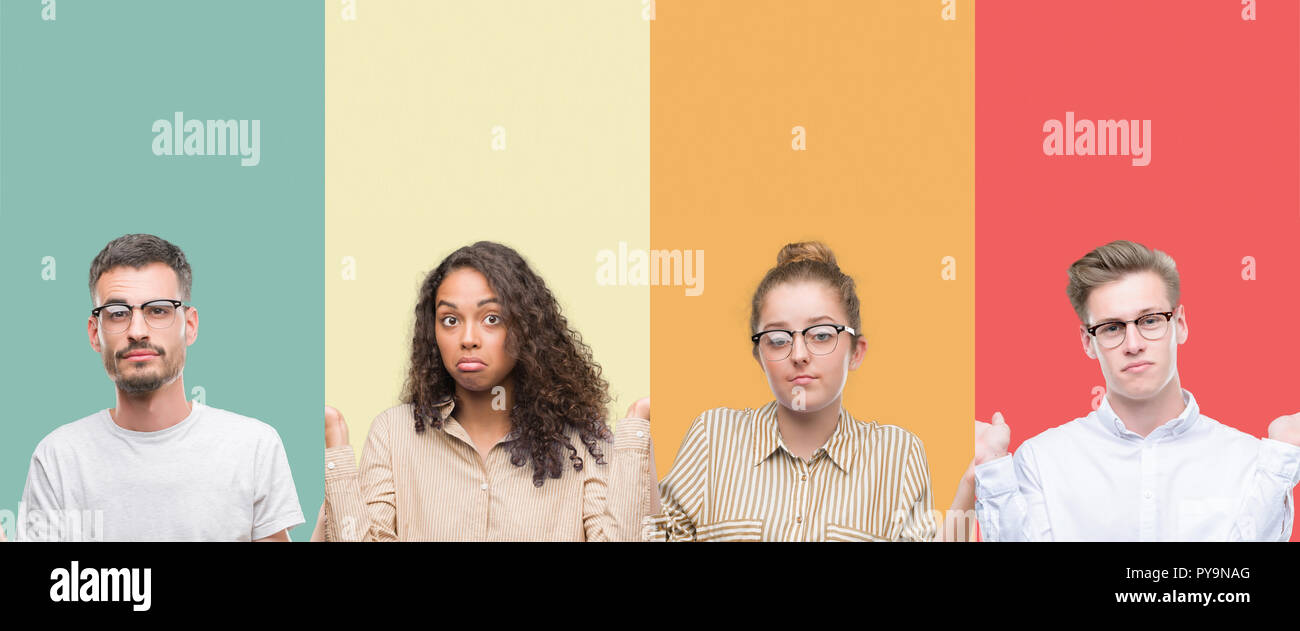 Collage of a group of people isolated over colorful background clueless ...