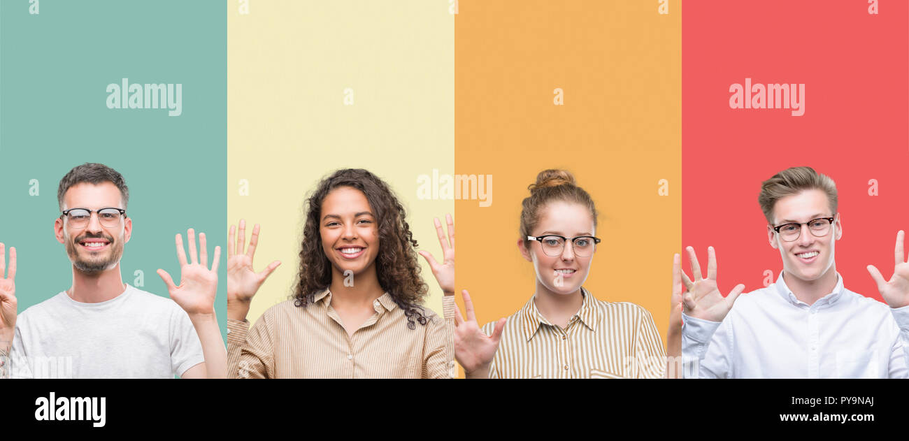 Collage of a group of people isolated over colorful background showing ...