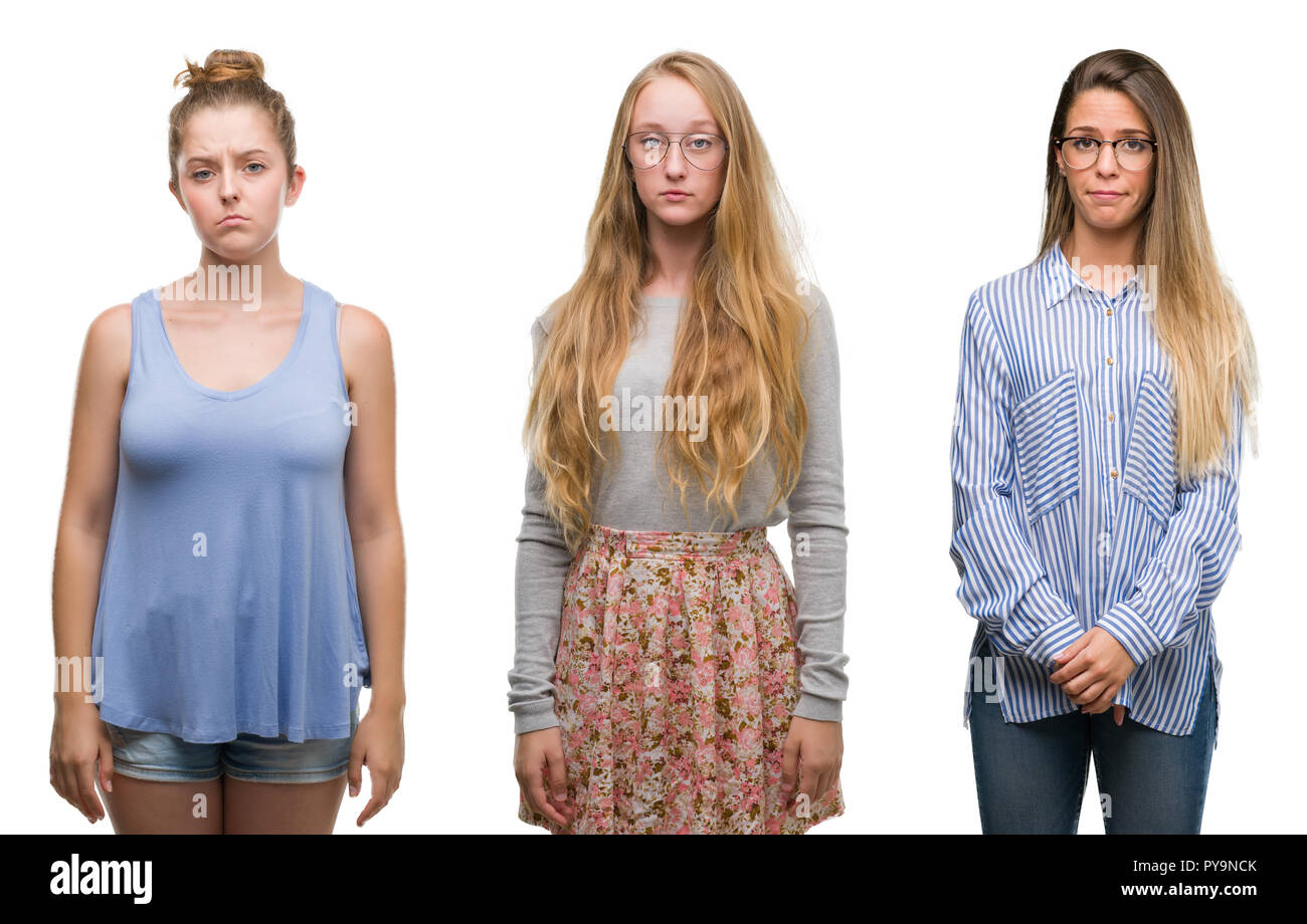 Collage of group of blonde women over isolated background depressed and ...