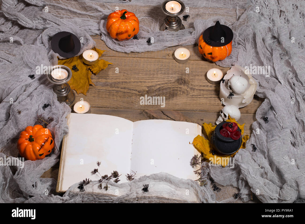 Halloween background. Opened book of bewithcment.Overhead perspective ...