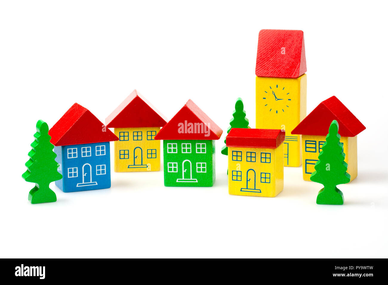 Toy blocks: houses, trees and a church representing a town Stock Photo ...