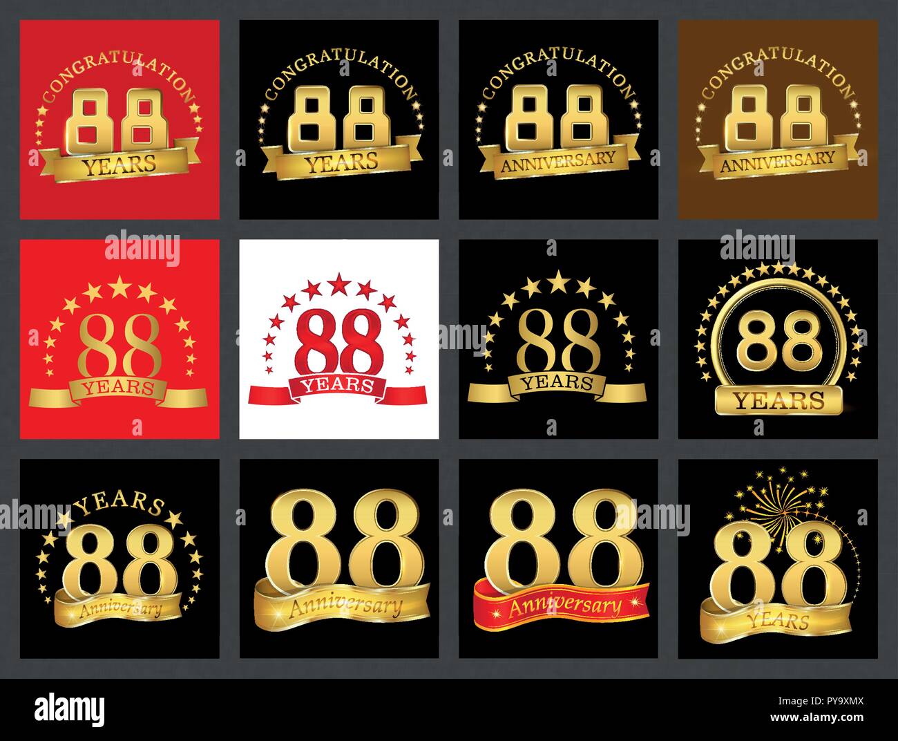 Set of number eighty-eight (88 years) celebration design. Anniversary golden number template ...