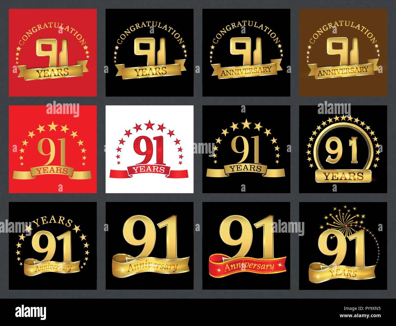 Set of number ninety-one (91 years) celebration design. Anniversary ...