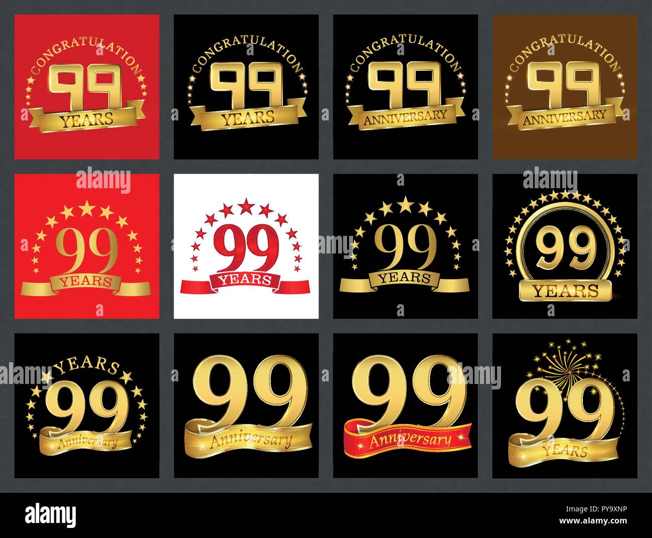 Set of number ninety-nine (99 years) celebration design. Anniversary golden number template ...