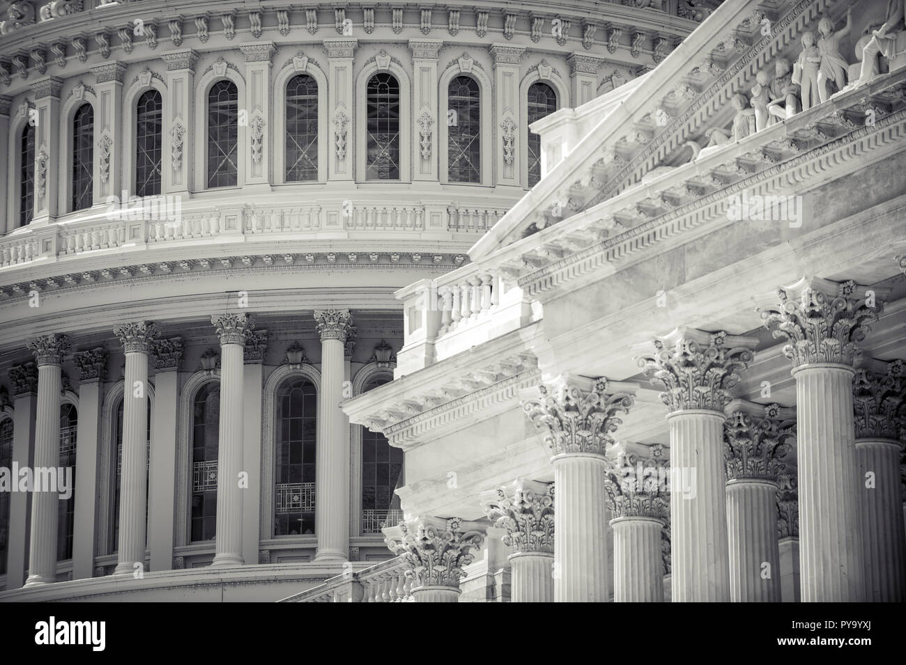 Close-up architectural detail view of the US Capitol Building dome with ...