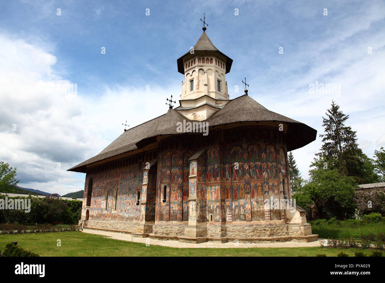 Moldovita Monastery Church in a fortified enclosure with frescoes from ...