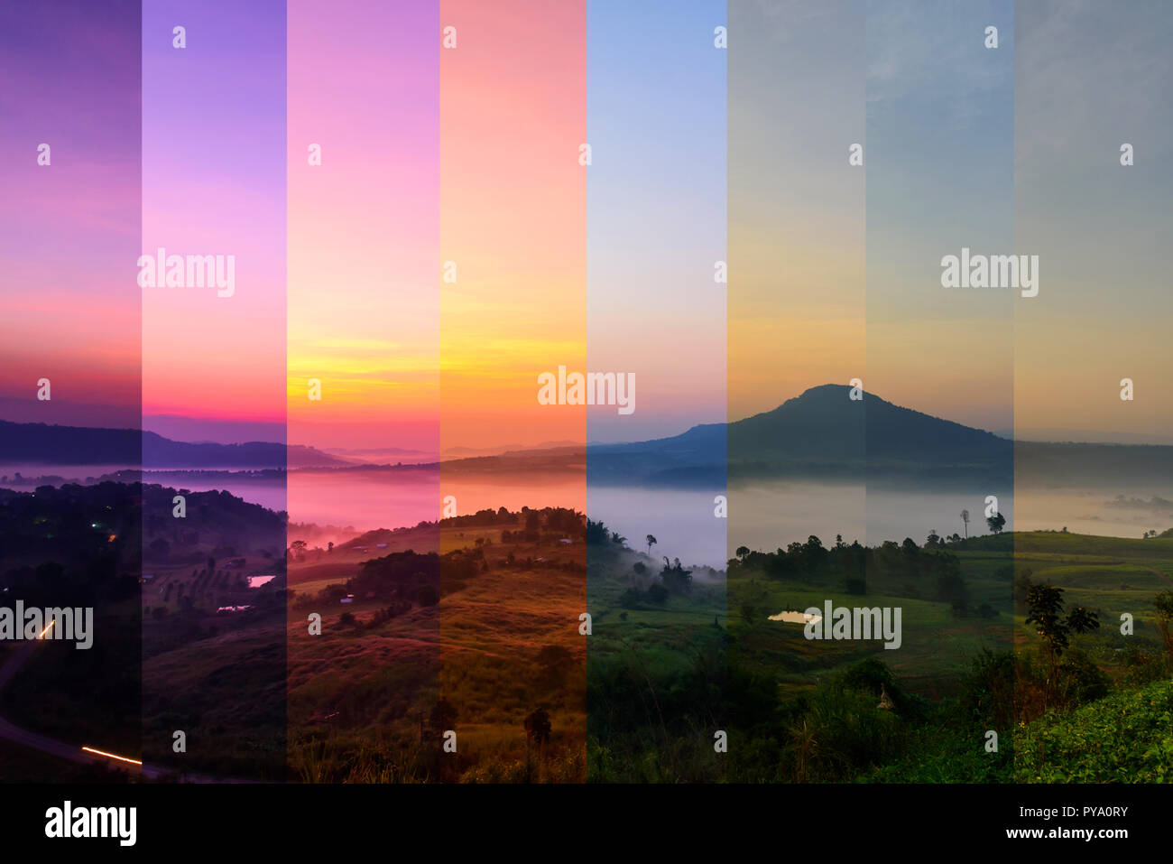 Different shade color of sea mist at the mountain in sunrise time Stock ...