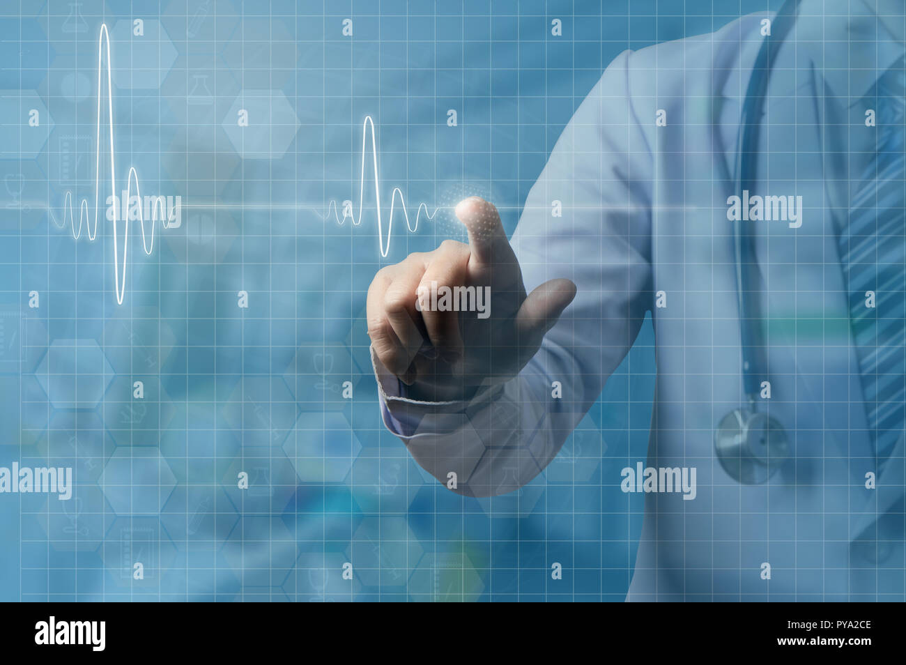 doctor hand and index finger touching on screen of ECG wave, health ...