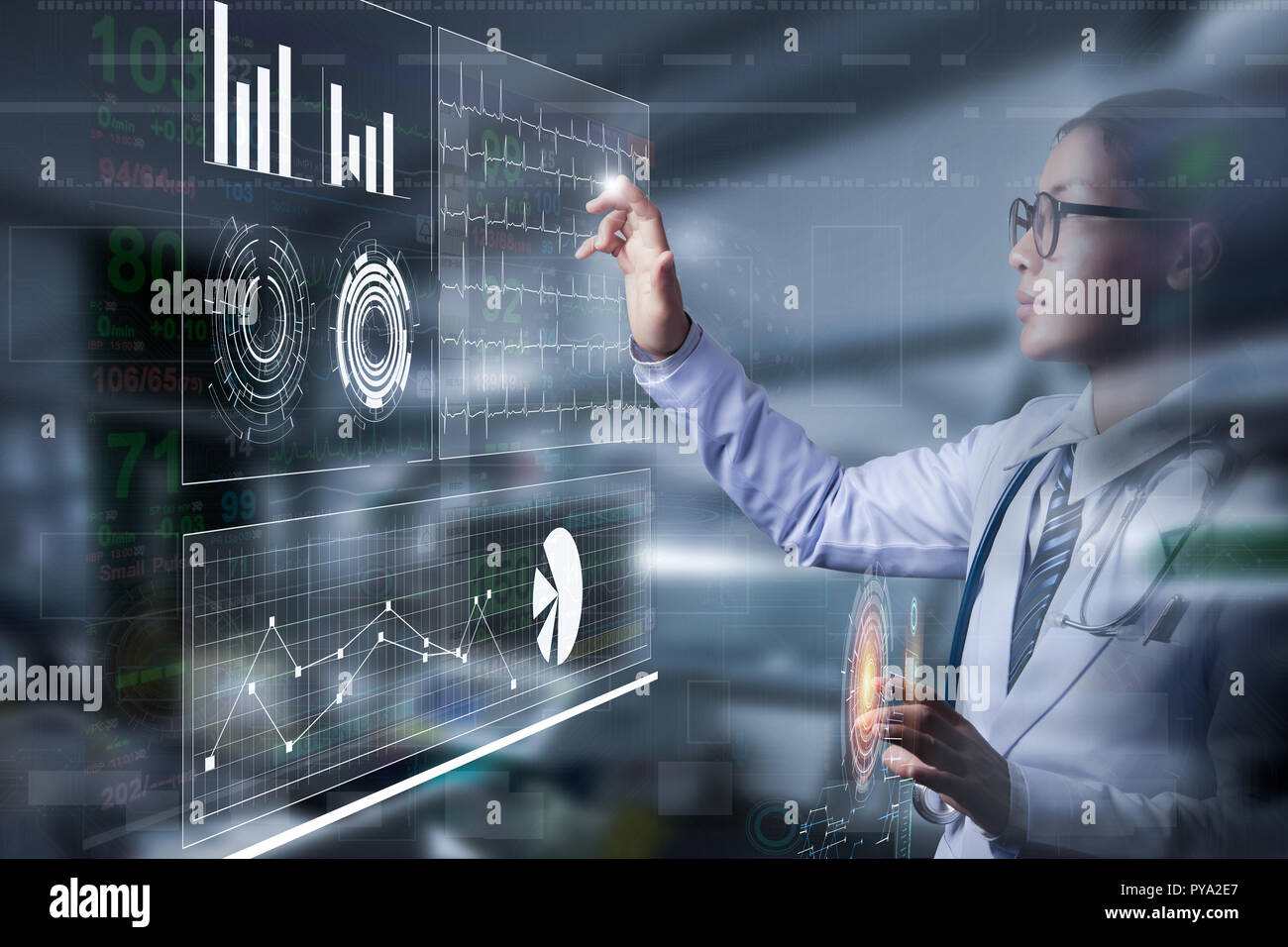 smart doctor holding hand and touching on screen of information data ...