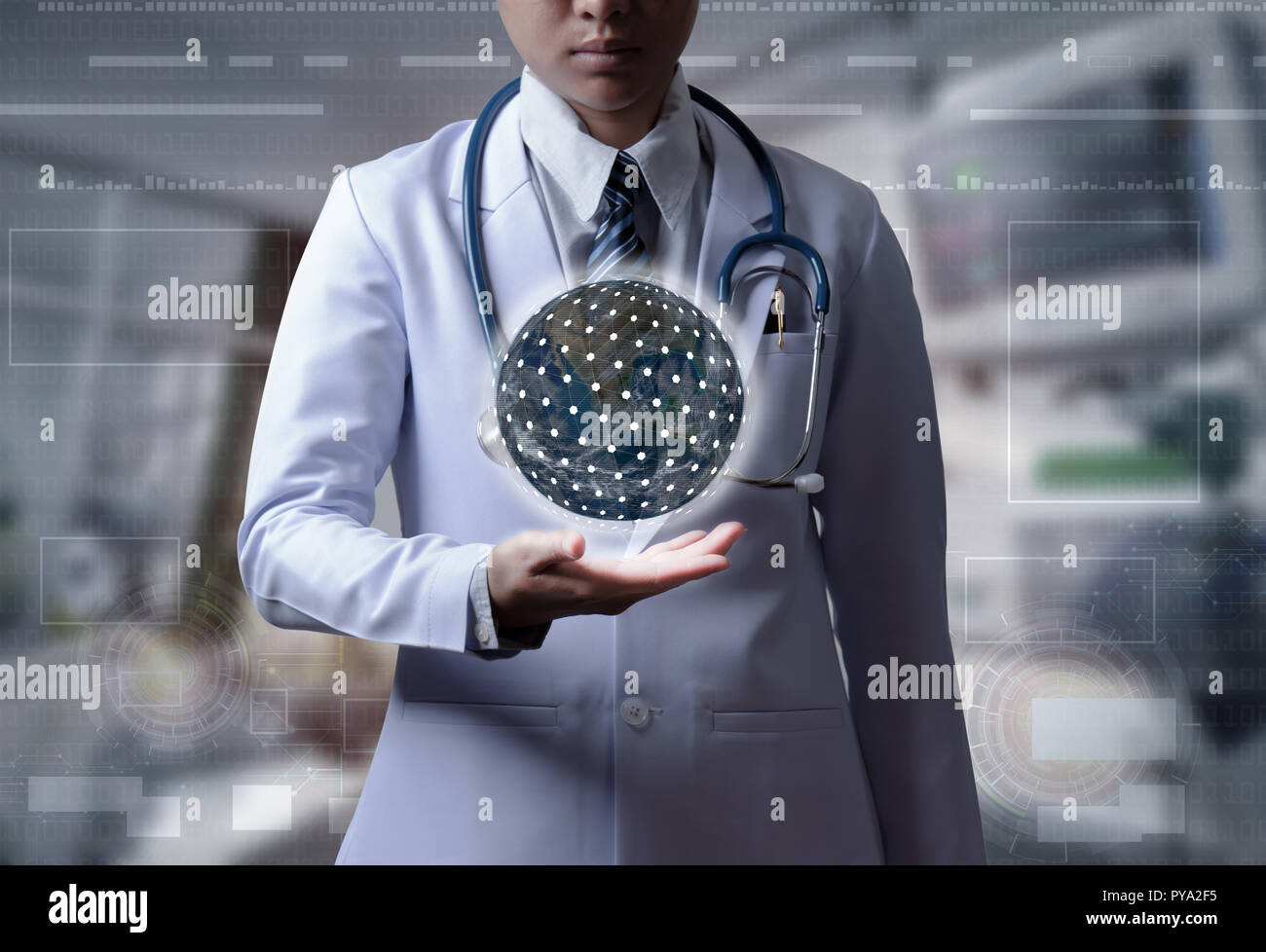 doctor holding hand show global connection or world wide connection ...