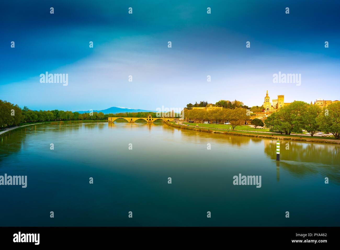 Night view of fortification of Avignon on the river Rhone, France Stock ...