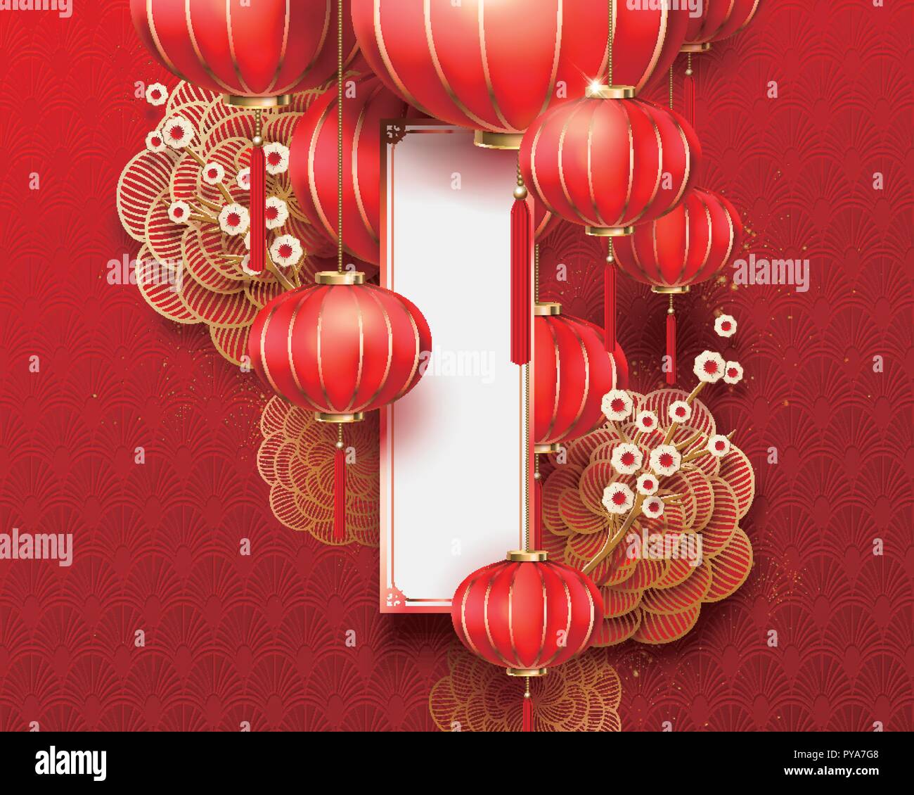 Blank Chinese new year background design with lanterns and peony ...