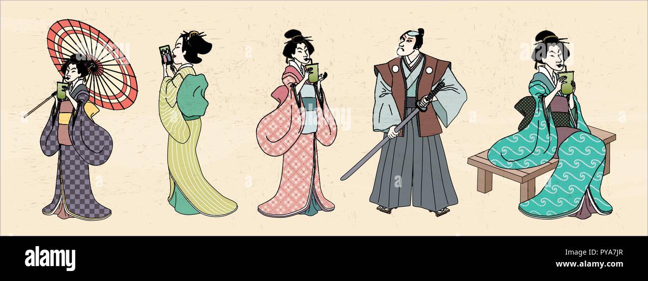 Japanese characters design in Ukiyo-e style, geisha and kabuki Stock ...