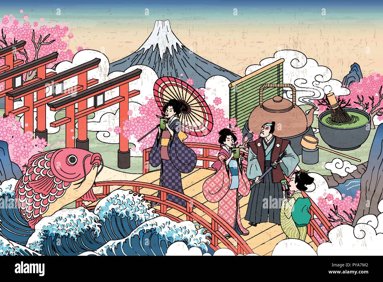 Retro Japan scenery in Ukiyo-e style, people carrying enjoying their ...
