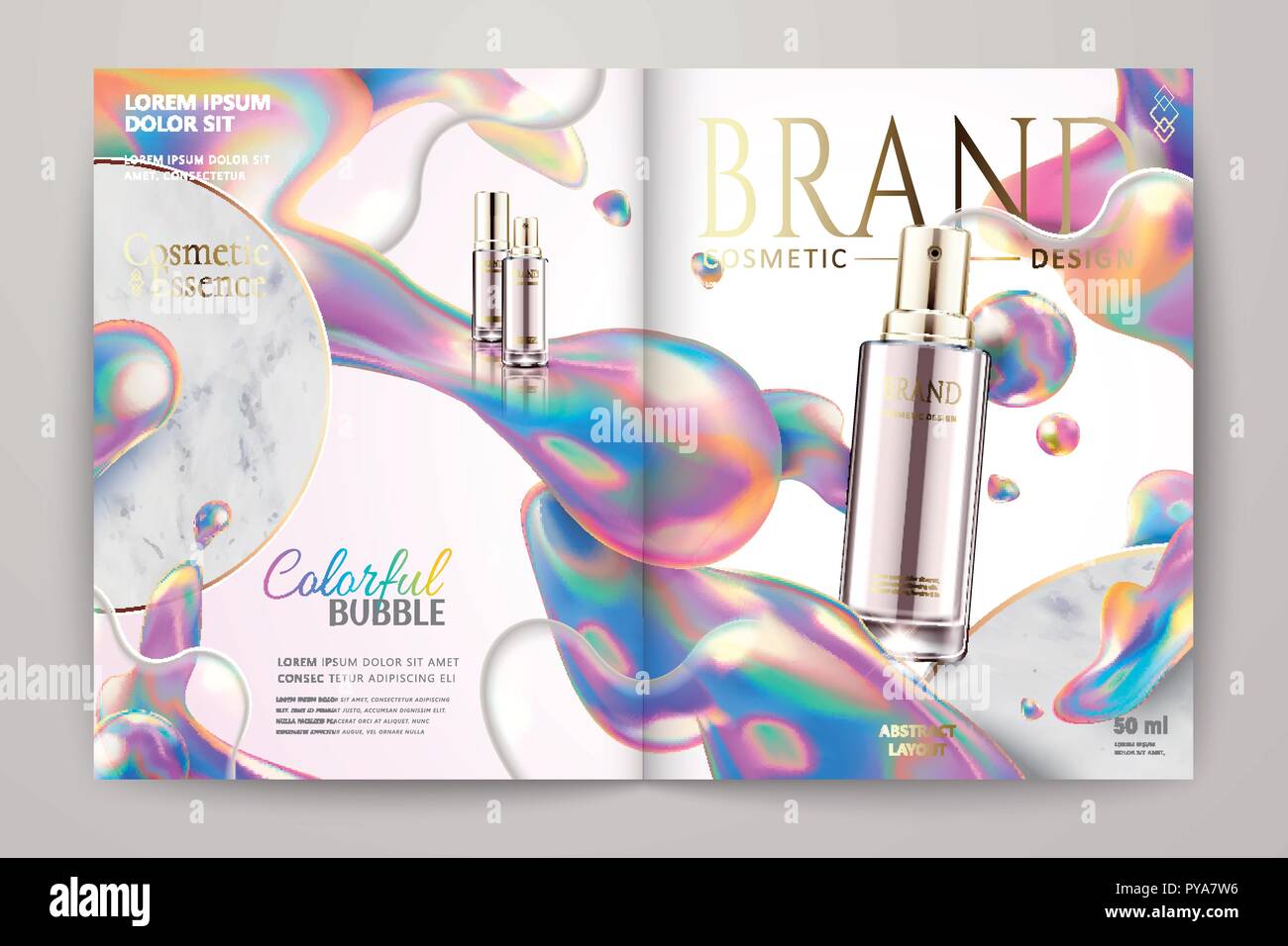 Cosmetic spray on magazine brochure in 3d illustration with rainbow ...
