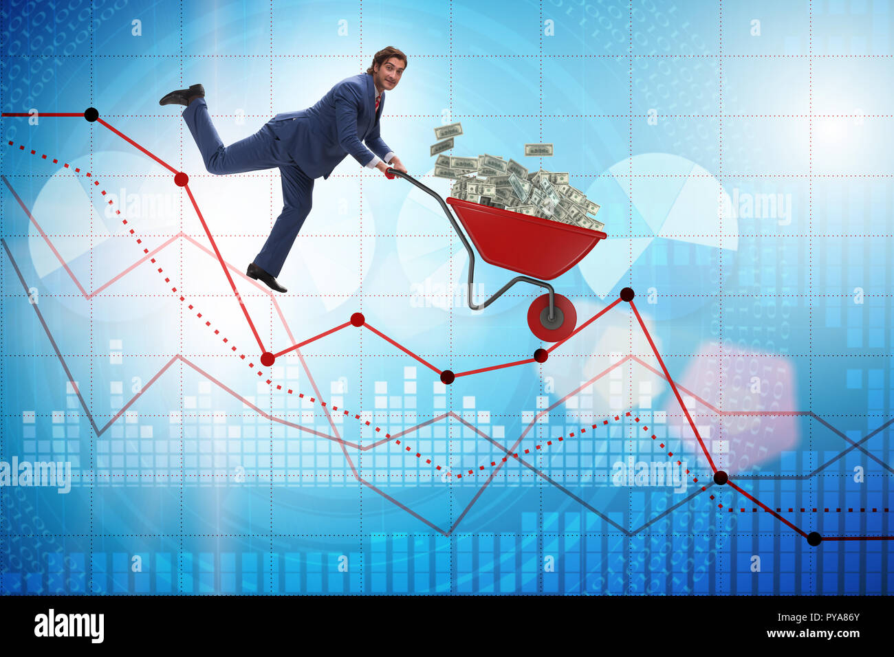 Businessman pushing money wheelbarrow down the chart Stock Photo - Alamy