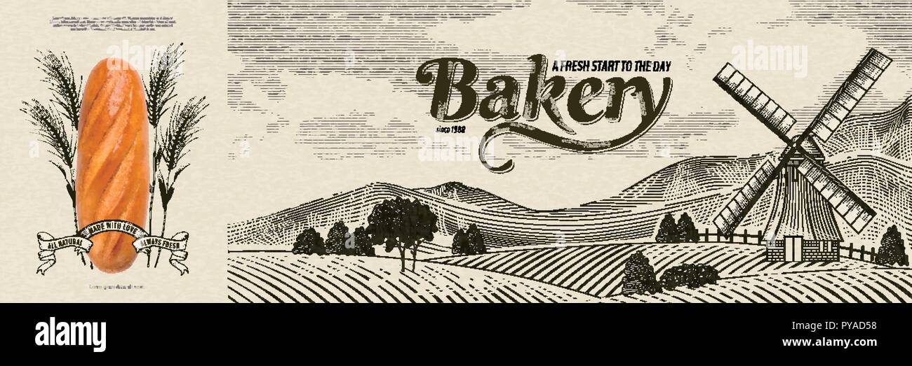 Bakery ads in engraving style with realistic bread in 3d illustration ...