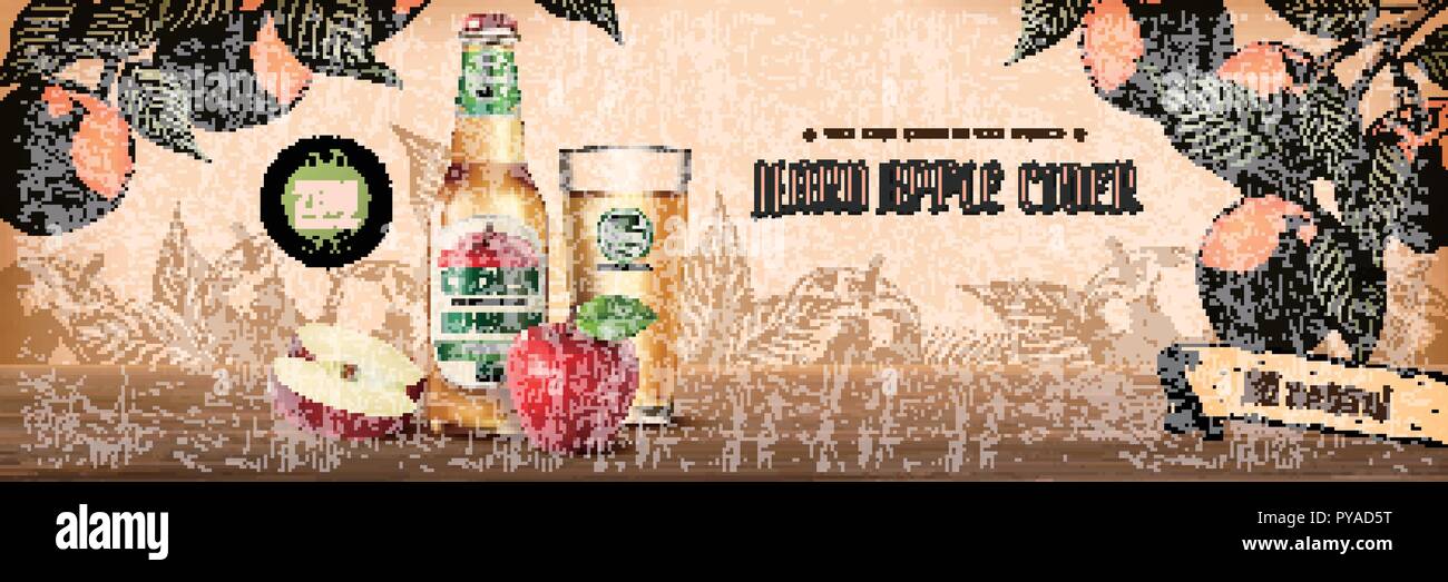 Hard apple cider ads in engraving style with realistic product and ...
