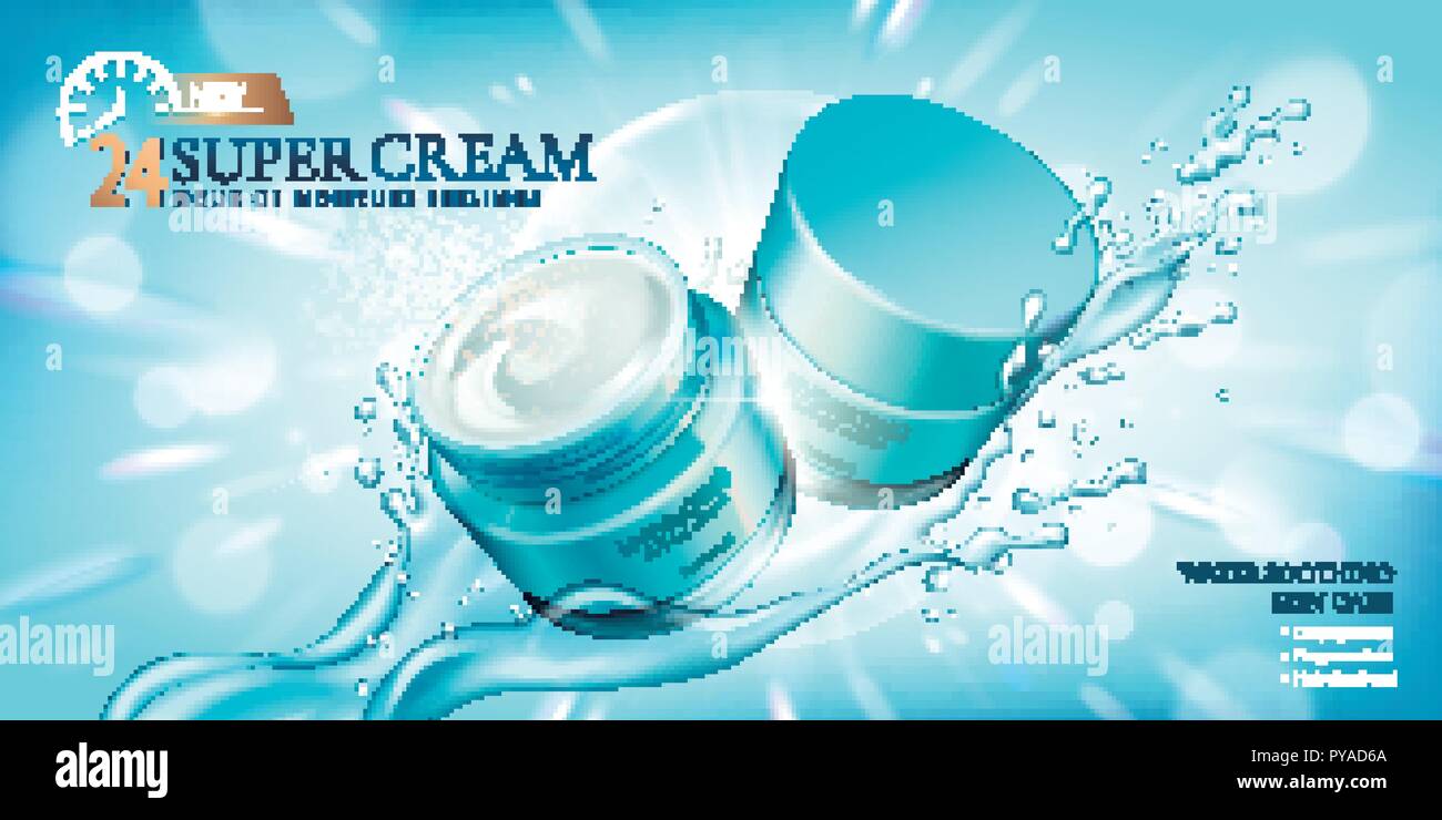 Hydrating super cream with splashing liquid on glitter light blue ...
