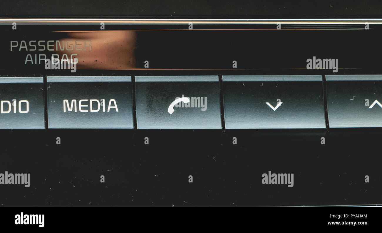 Media and navigation control buttons of a Modern car. Car interior ...